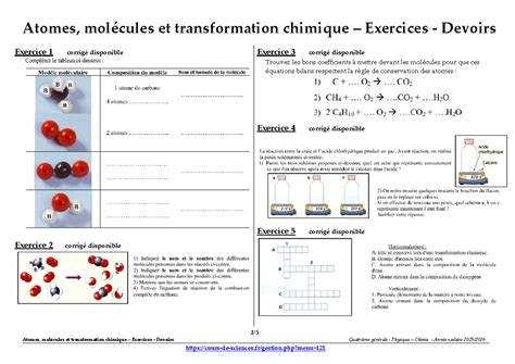 Atomes Molécules Et Transformations Chimiques Exercices Corrigés
