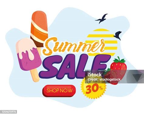 여름 세일 배너 아이스크림 딸기 새가 날아다니는 시즌 할인 포스터 여름 세일 쇼핑 초대 특별 제공 카드 30에 대한 스톡 벡터