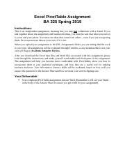 Excel PivotTable Assignment Description 3 29 2019 Docx Excel PivotTable Assignment BA 325