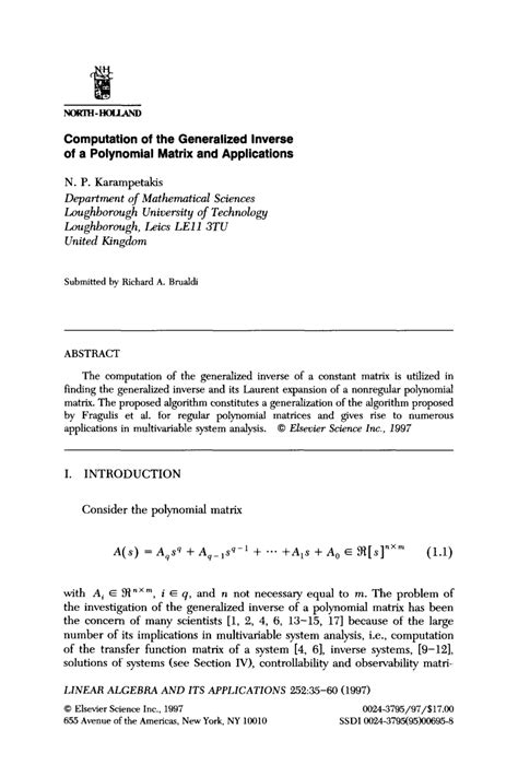 Pdf Comments On ‘computation Of The Inverse Of A Polynomial Matrix