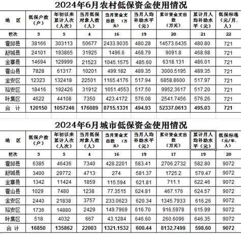 六安市2024年6月份城乡低保资金与标准情况统计表 六安市民政局
