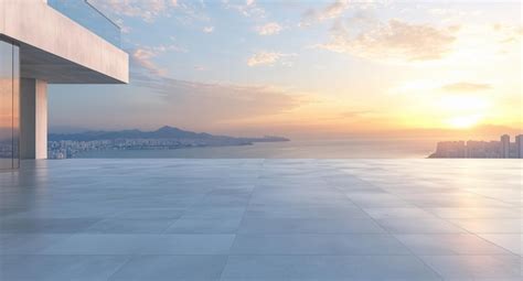 Modern Architecture With An Empty Tile Floor Overlooks The Sea And The