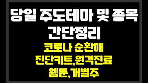당일 장중 주도테마 및 종목 간단정리 코로나 순환매 진단키트원격진료웹툰개별주 제주은행나노엔텍인디에프휴마시스화일약품공구우먼실리콘투 Youtube