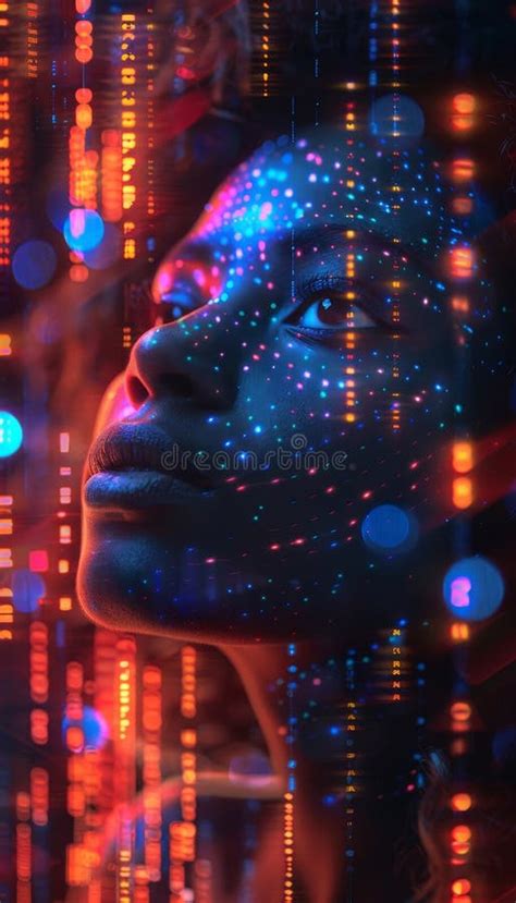 Vibrant Digital Hologram Of Black Woman S Face Amidst Glowing Data Streams Realistic Photo
