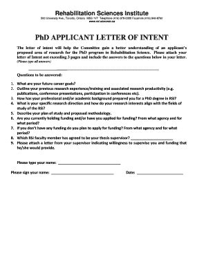 Fillable Online Rsi Utoronto Letter Of Intent For PhD Rehabilitation Sciences Institute Fax