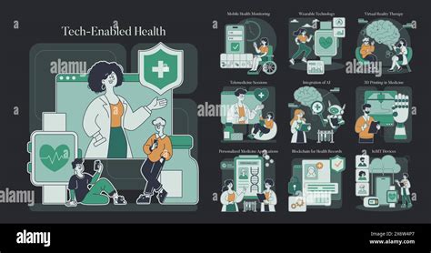 Tech Enabled Health Concept Set Modern Healthcare Advancements Featuring Telemedicine Wearable