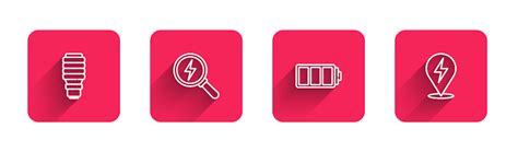 Led 전구 번개 볼트 배터리 및 긴 그림자를 설정합니다 빨간색 사각형 버튼입니다 벡터 Led 조명에 대한 스톡 벡터 아트 및 기타 이미지 Istock