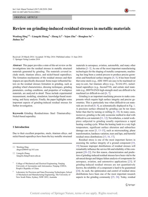 Review On Grinding Induced Residual Stresses In Metallic Materials