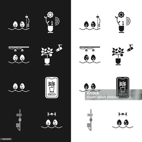 전구 및 식물 독립 형 센서 플랜트 제어 시스템 무인 항공기 및 아이콘으로 스마트 농업 기술을 설정합니다 벡터 검은색에 대한 스톡 벡터 아트 및 기타 이미지 Istock