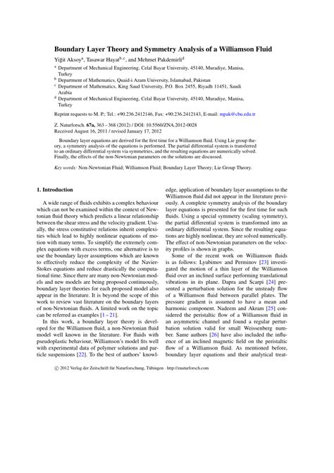 Pdf Boundary Layer Theory And Symmetry Analysis Of A Williamson Fluid