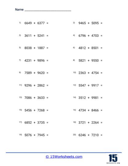 Four Digit Addition Worksheets 15