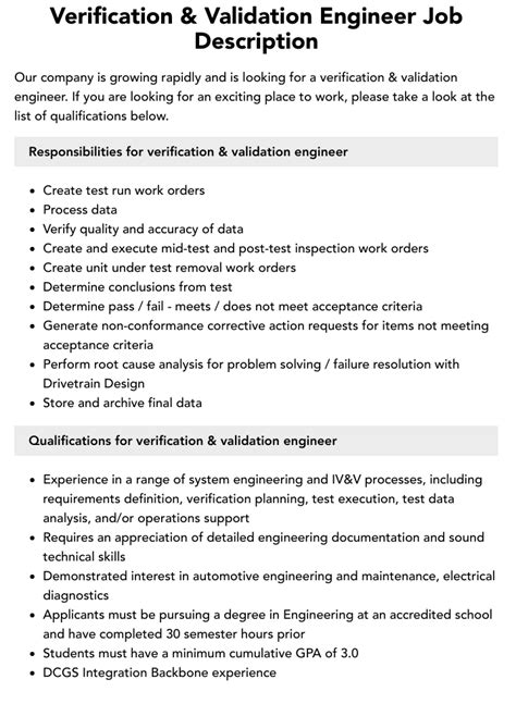Verification And Validation Engineer Job Description Velvet Jobs