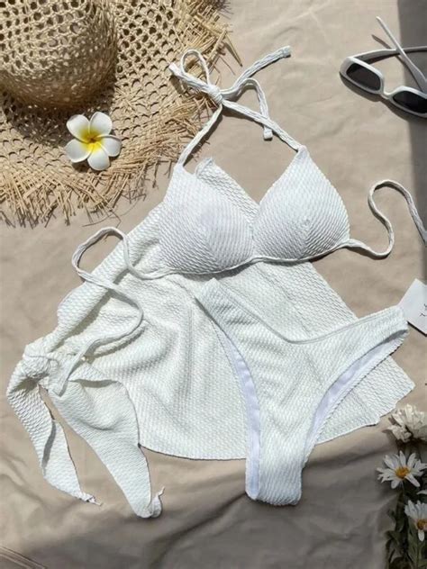 Push Up 3 Pieces Bikini Set With Skirt White Thong Bathing Suit Women