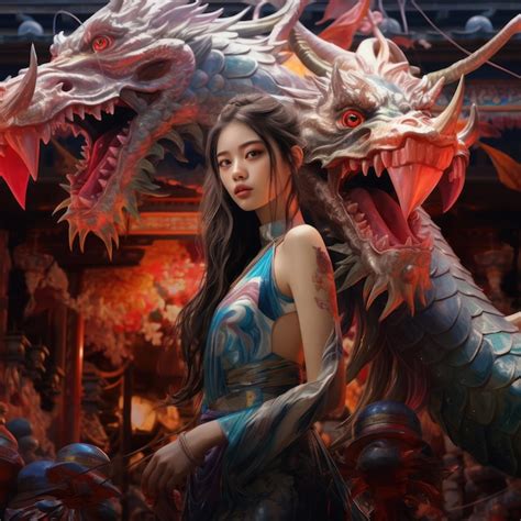 Premium Photo A Girl With Dragons In Front Of The Temple