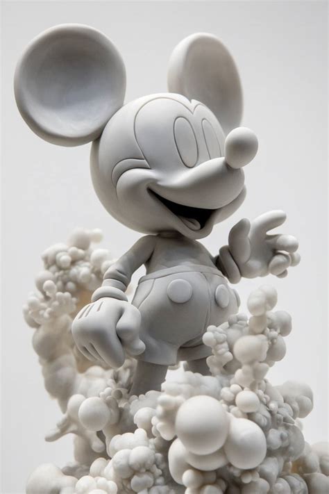 흰 배경에 구름 위에 카우스와 함께 있는 매트한 미키 마우스 조각의 클로즈업 사진