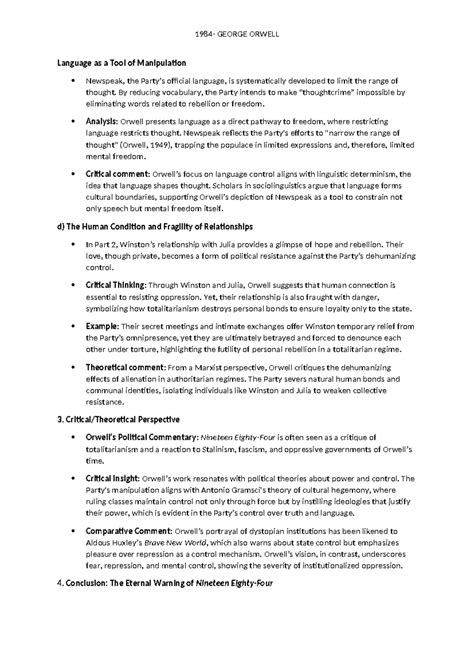 1984 Lecturenotes Lecture Notes Regarding Major Themes Of The Novel