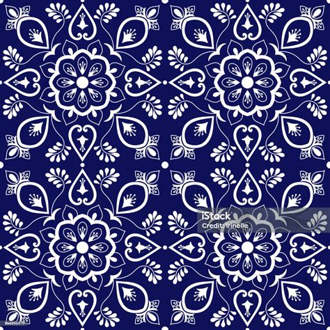 멕시코 패턴 벡터 파란색과 흰색 장식 타일 포르투갈 Azulejo 푸에블라 탈 스페인 이탈리아 마 졸리 카 또는 델 프 트 네덜란드 주제 벽지 세라믹 또는 직물에 대 한