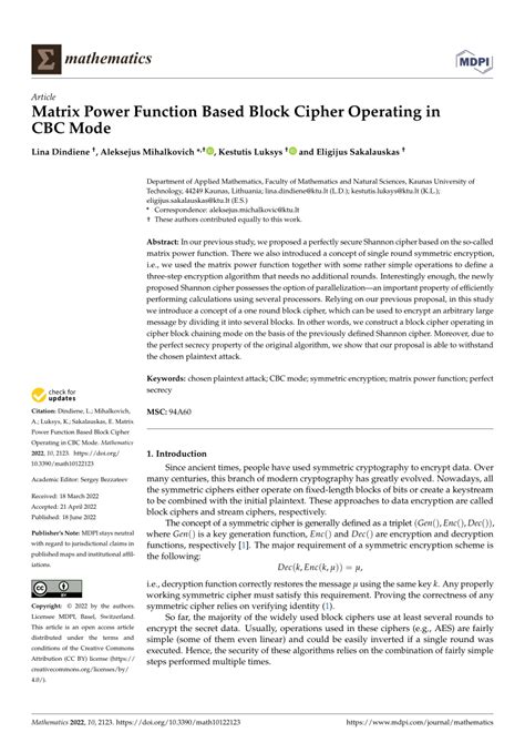 Pdf Matrix Power Function Based Block Cipher Operating In Cbc Mode