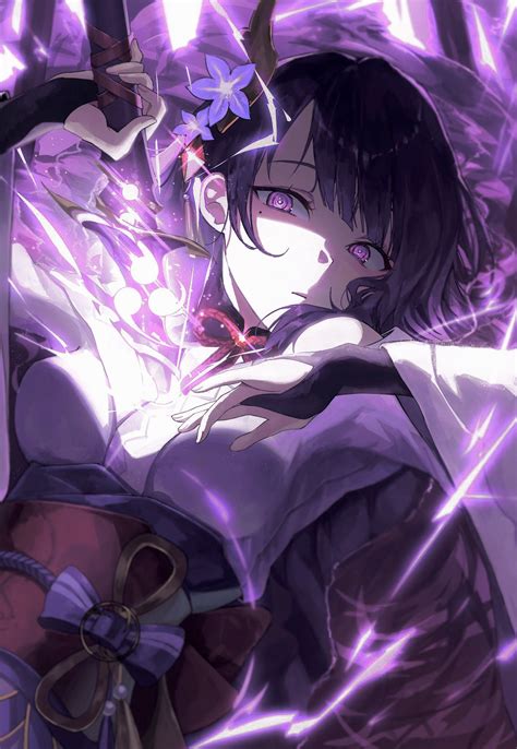 Kuren Kren Raiden Shogun Genshin Impact Commentary Request Highres 1girl Blunt Bangs