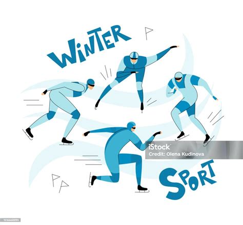 겨울 스포츠 쇼트트랙 스피드 스케이팅 선수의 다양한 포즈 비문 겨울 스포츠 흰색 배경에 라인 아트와 플랫 스타일의 벡터 그림 2월에 대한 스톡 벡터 아트 및 기타 이미지