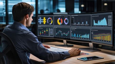 Analyst Monitoring Financial Data On Multiple Screens Premium Ai