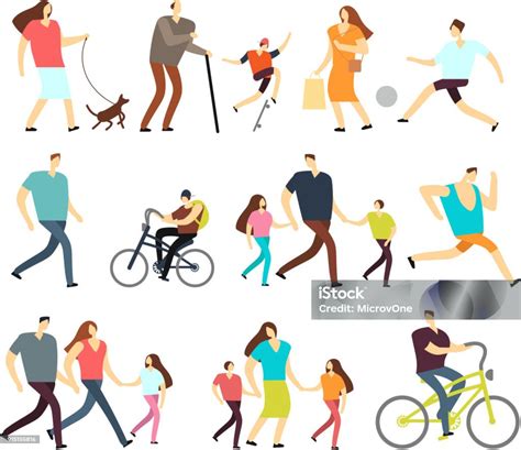 야외 산책을 남녀 설정 합니다 벡터 만화 활성 캐릭터 거리의 다양 한 라이프 스타일에 야외에 대한 스톡 벡터 아트 및 기타 이미지 야외 개체 그룹 가족 Istock