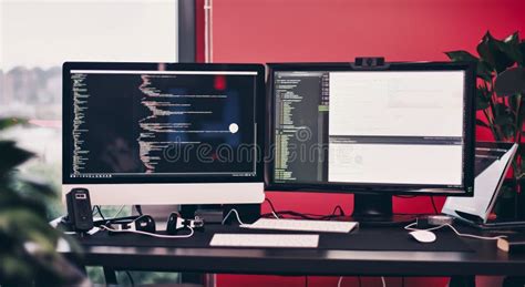 Modern Office With Two Wide Computer Screens With Programming Code