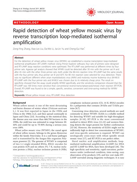 Pdf Rapid Detection Of Wheat Yellow Mosaic Virus By Reverse Transcription Loop Mediated