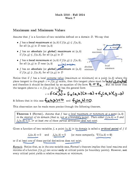 Maximum And Minimum Values Math 2310 Fall 2024 Week 7 Maximum And Minimum Values Assume That