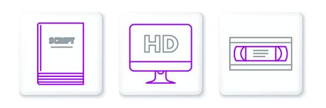 라인 Vhs 비디오 카세트 테이프 시나리오 및 Hd 기술 아이콘이있는 컴퓨터 Pc 모니터를 설정합니다 벡터 0명에 대한 스톡 벡터 아트 및 기타 이미지 Istock