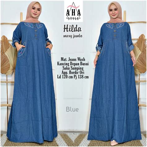 Jual Baju Gamis Dress Jeans Denim Jumbo Wanita Fashion Muslim Terbaru