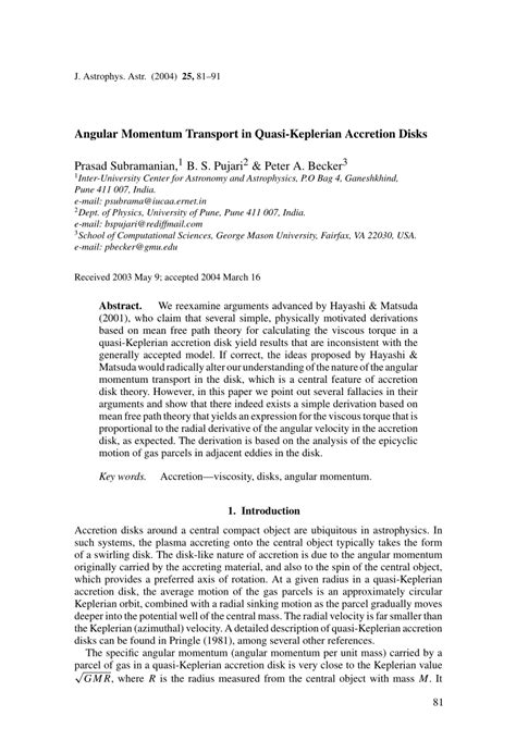 Pdf Angular Momentum Transport In Quasi Keplerian Accretion Disks
