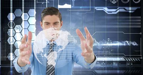 Exploring Futuristic Digital Technology Businessman Interacting With Virtual Interface Stock