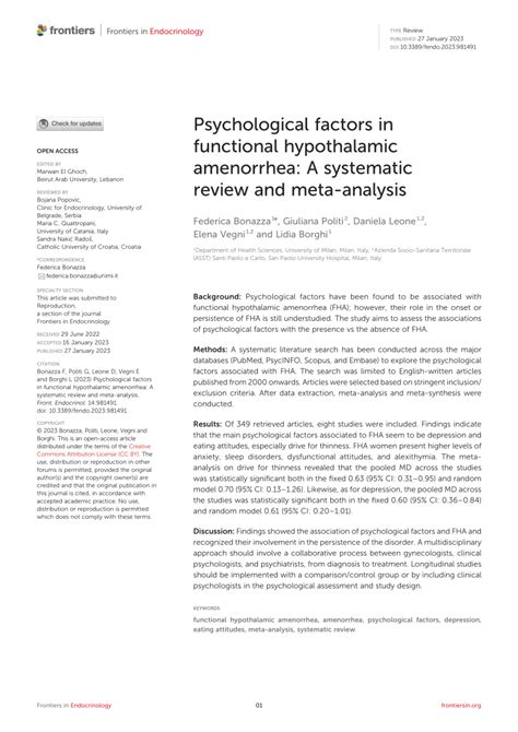 Pdf Psychological Factors In Functional Hypothalamic Amenorrhea A Systematic Review And Meta
