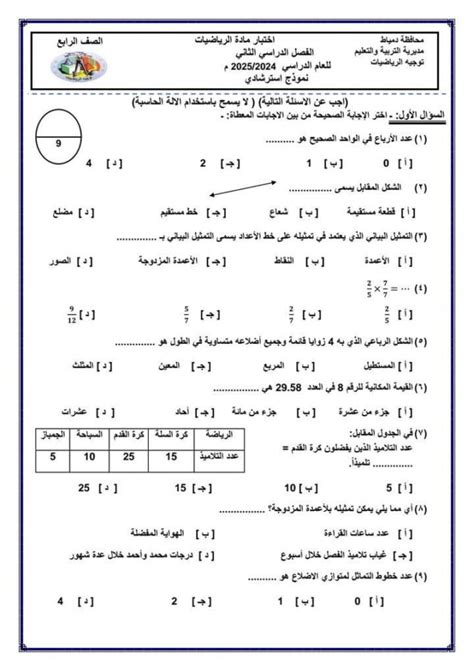 نموذج امتحان الرياضيات للصف الرابع الابتدائي الترم الثاني 2025 بالإجابات توجيه دمياط