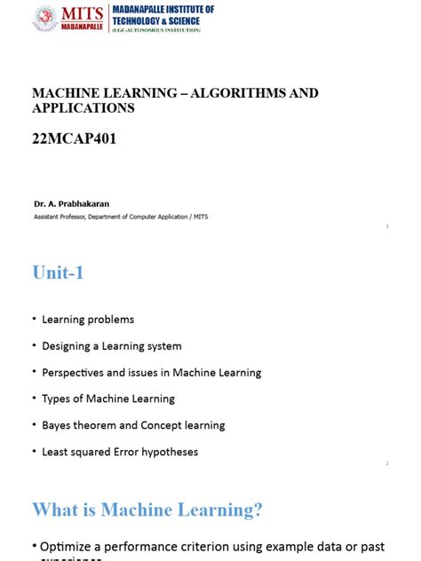 Unit 1 Introduction To Machine Learning Pdf Machine Learning