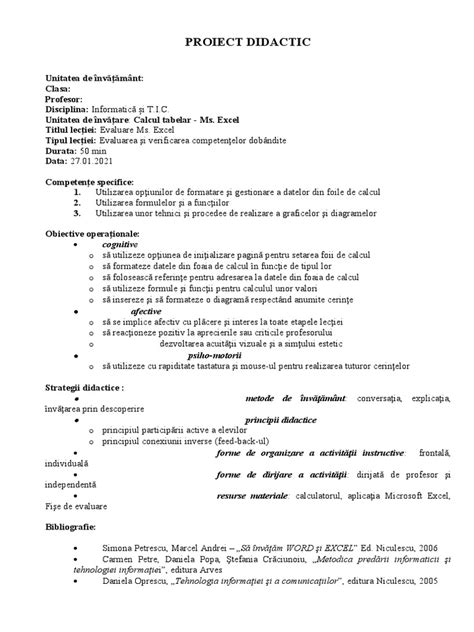 Proiect De Lectie Evaluare Excel Pdf