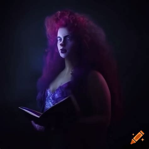 Redhead Witch Reading Spellbook In Dark Forest With Spectral Figures On