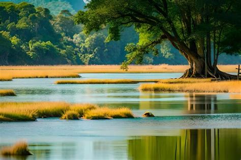Premium Photo A Tree In The Water With A Reflection Of The Sky