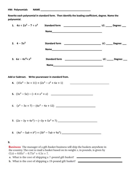 Hw Polynomials Worksheet Printable Pdf Download