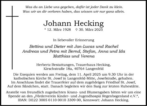 Alle Traueranzeigen Für Johann Hecking Trauer Rp Online De