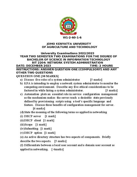 Bit 2204 Network System Administration W1 2 60 1 Jomo Kenyatta University Of Agriculture And