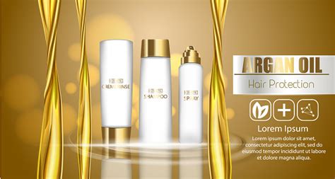 현실적인 템플릿 화장품 패키지입니다 3d 스에 플 한 래 액체 석유의 Splashing Argan 기름 머리 보호 화장품 제품 팩 디자인 병에 대한 스톡 벡터 아트 및 기타