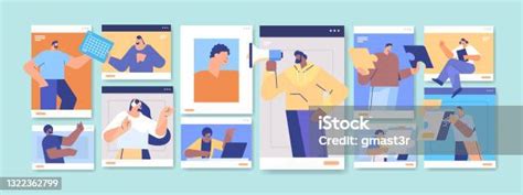 가상 컨퍼런스를 사용하여 화상 통화 비즈니스 피플 팀 중에 논의하는 웹 브라우저 창의 비즈니스 인 휴대용 마이크에 대한 스톡 벡터 아트 및 기타 이미지 Istock