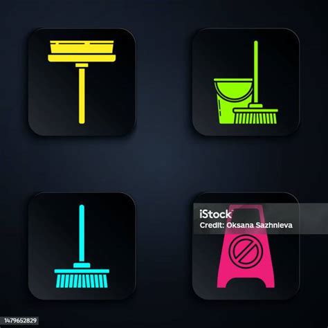젖은 바닥 및 청소 진행 중 스퀴지 스크레이퍼 와이퍼 걸레 및 걸레 및 양동이를 설정합니다 블랙 스퀘어 버튼 벡터 가사 집안일에 대한 스톡 벡터 아트 및 기타 이미지