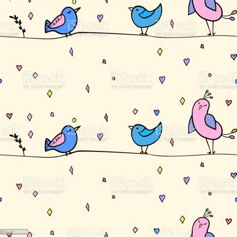전선에 앉아 재미 다채로운 새와 원활한 패턴 작은 만화 새와 색상 플랫 벡터 일러스트 귀여운 캐릭터 초대 전단지 섬유 어린이를위한 직물을위한 템플릿 디자인 교육에 대한 스톡