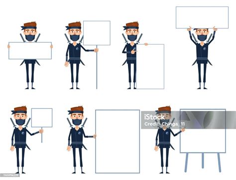 다른 빈 배너 포즈 닌자 캐릭터의 집합입니다 포스터 종이 화이트 보드를 가리키는 쾌활 한 닌자 가 르 친다 홍보 광고 가리키기에 대한 스톡 벡터 아트 및 기타 이미지