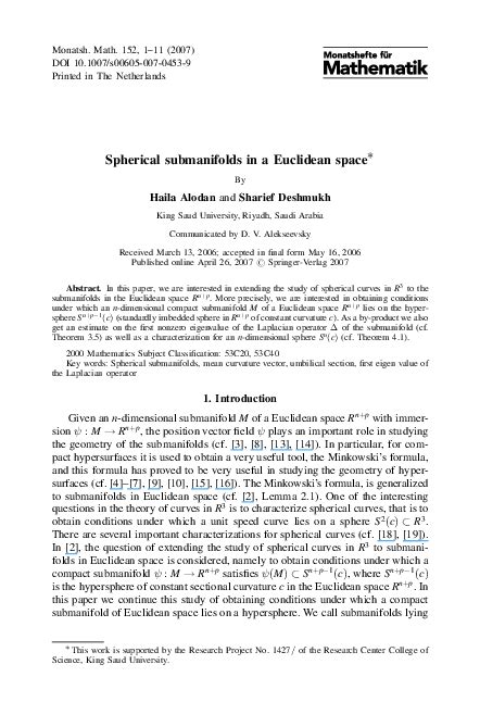 Pdf Spherical Submanifolds In A Euclidean Space