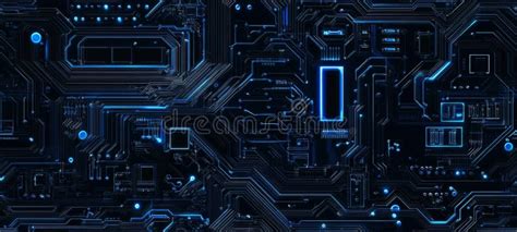 Glowing Blue Circuit Board Pattern With Microchip Details In Dark