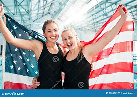 Athlete Women American Flag And Celebration For Win Fitness Or Excited Smile In Portrait At